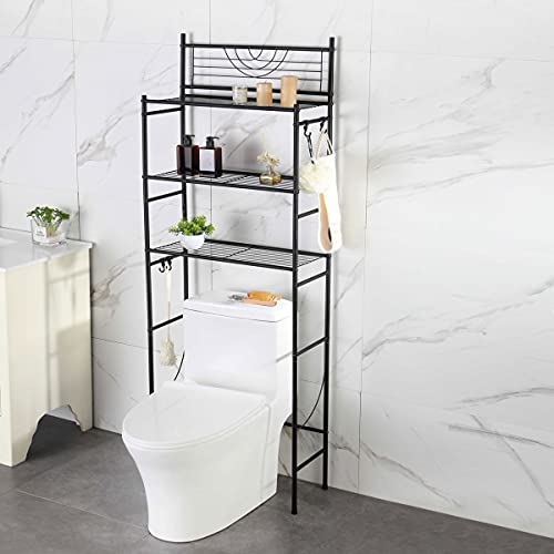 Kimzda 3-Tier Bathroom Over The Toilet Storage Rack Free Standing Metal Frame Shelf Organizer, with 4-Hooks, Black