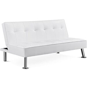 topeakmart convertible sofa bed tufted faux leather couch bed with chrome metal legs adjustable backrest easily converts to recliner and bed comfortable sofa for living room/bed room/apartment,white