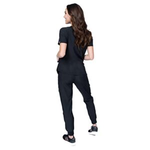 V-Neck Jogger Scrubs for Women Set 6 Pocket 4-Way Stretch for Medical Dentist Spa Elements Select ES2936 (Black, X-Small Tall)