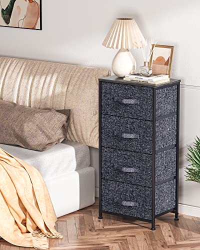 Pipishell Dresser with 4 Drawers, Tall Storage Tower with Sturdy Steel Frame Wood Top，Fabric Dresser Organizer Unit for Bedroom, Hallway, Entryway, Closets, Nursery Room Black