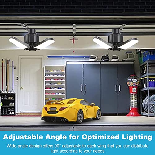 2-Pack LED Garage Lights, 80W LED Shop Light 5000K 6000LM Three-Leaf Garage Ceiling Light Fixtures,Adjustable Multi-Position Panels，E26 Base,LED Glow Light for Garage, Workshop Attic and Basement