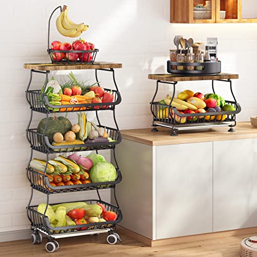 Fruit Basket for Kitchen with Wood Top 5 Tier, SAYZH Stackable Fruit and Vegetable Storage Cart, Wire Storage Basket with Wheels, Vegetable Basket Bins Rack for Onions and Potatoes, Black