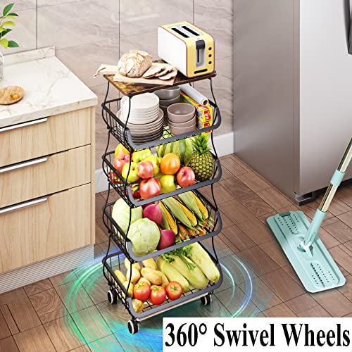 Fruit Basket for Kitchen with Wood Top 5 Tier, SAYZH Stackable Fruit and Vegetable Storage Cart, Wire Storage Basket with Wheels, Vegetable Basket Bins Rack for Onions and Potatoes, Black