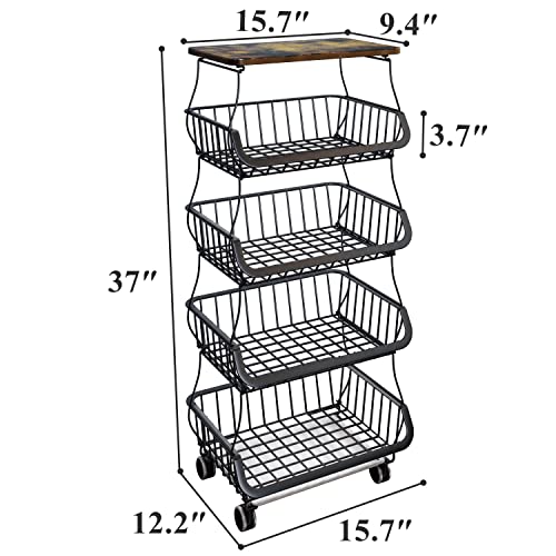 Fruit Basket for Kitchen with Wood Top 5 Tier, SAYZH Stackable Fruit and Vegetable Storage Cart, Wire Storage Basket with Wheels, Vegetable Basket Bins Rack for Onions and Potatoes, Black