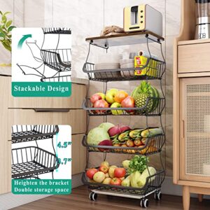 Fruit Basket for Kitchen with Wood Top 5 Tier, SAYZH Stackable Fruit and Vegetable Storage Cart, Wire Storage Basket with Wheels, Vegetable Basket Bins Rack for Onions and Potatoes, Black