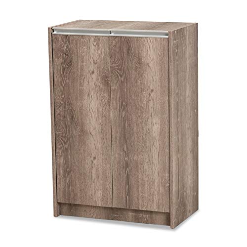 BOWERY HILL Contemporary 2 Door Shoe Cabinet, 12 Pairs Shoe Rack Storage Oranizer in Weathered Oak