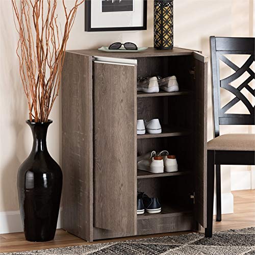 BOWERY HILL Contemporary 2 Door Shoe Cabinet, 12 Pairs Shoe Rack Storage Oranizer in Weathered Oak