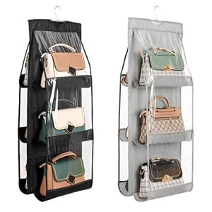 zb.soar hanging handbag organizer, 2 pcs * 6 pockets, upgrade dust proof purse organizer closet, wardrobe closet organizer, washable handbag organizer for women handbags purse (black&gray)