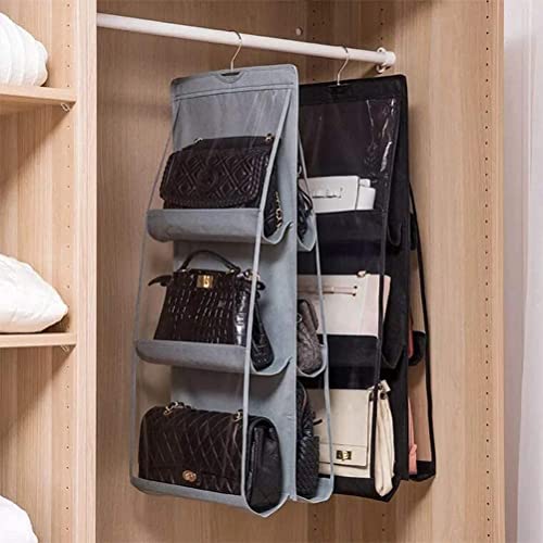 ZB.soar Hanging Handbag Organizer, 2 Pcs * 6 Pockets, Upgrade Dust Proof Purse Organizer Closet, Wardrobe Closet Organizer, Washable Handbag Organizer for Women Handbags Purse (Black&Gray)