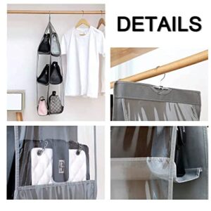 ZB.soar Hanging Handbag Organizer, 2 Pcs * 6 Pockets, Upgrade Dust Proof Purse Organizer Closet, Wardrobe Closet Organizer, Washable Handbag Organizer for Women Handbags Purse (Black&Gray)