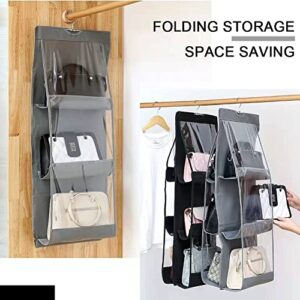 ZB.soar Hanging Handbag Organizer, 2 Pcs * 6 Pockets, Upgrade Dust Proof Purse Organizer Closet, Wardrobe Closet Organizer, Washable Handbag Organizer for Women Handbags Purse (Black&Gray)