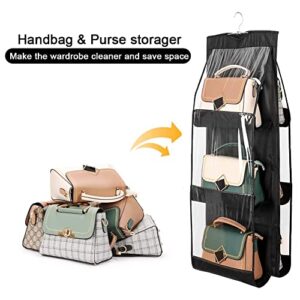 ZB.soar Hanging Handbag Organizer, 2 Pcs * 6 Pockets, Upgrade Dust Proof Purse Organizer Closet, Wardrobe Closet Organizer, Washable Handbag Organizer for Women Handbags Purse (Black&Gray)