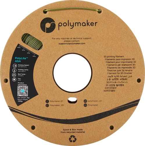 Polymaker ASA Filament 1.75mm Army Green ASA, 1kg Heat Resistant Weather Resistant ASA 1.75 Cardboard Spool - PolyLite ASA 3D Printer Filament Army Green, Perfect for Printing Outdoor Functional Parts