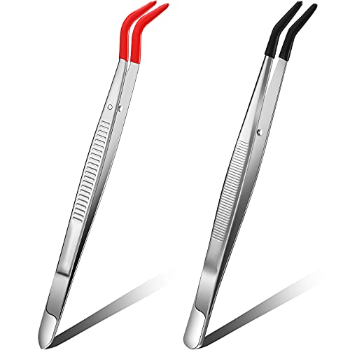 2 Pieces Tweezers curved Bent Tip Tweezers with Rubber silicone Tips PVC Coated Non Marring Soft Long Rubber Tips Tweezers Stainless Steel Hobby Jewelry Crafts Tools for Lab Jewelry Making, Red Black