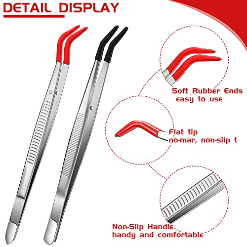 2 Pieces Tweezers curved Bent Tip Tweezers with Rubber silicone Tips PVC Coated Non Marring Soft Long Rubber Tips Tweezers Stainless Steel Hobby Jewelry Crafts Tools for Lab Jewelry Making, Red Black