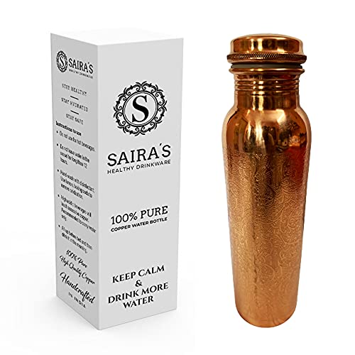 SAIRA’S 100% PURE COPPER WATER BOTTLE - LARGE 32 OZ - Boost Your Health - Huge Benefits - Handcrafted To Perfection - Keep Hydrated - Ayurvedic Water Bottle – Drink More Water - The Perfect way To Chill Water - Leak Proof Design - Perfect For Gift-Carved