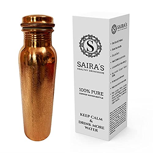 SAIRA’S 100% PURE COPPER WATER BOTTLE - LARGE 32 OZ - Boost Your Health - Huge Benefits - Handcrafted To Perfection - Keep Hydrated - Ayurvedic Water Bottle – Drink More Water - The Perfect way To Chill Water - Leak Proof Design - Perfect For Gift-Carved