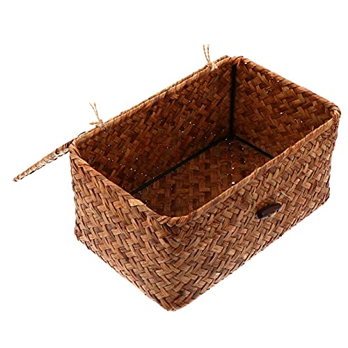 BESPORTBLE Wicker Baskets Desk Makeup Organizer Seagrass Storage Baskets with Lid Rectangular Rattan Storage Basket Wicker Box Bin Organizer for Makeup Clothes Small Outdoor Storage Box Small Basket