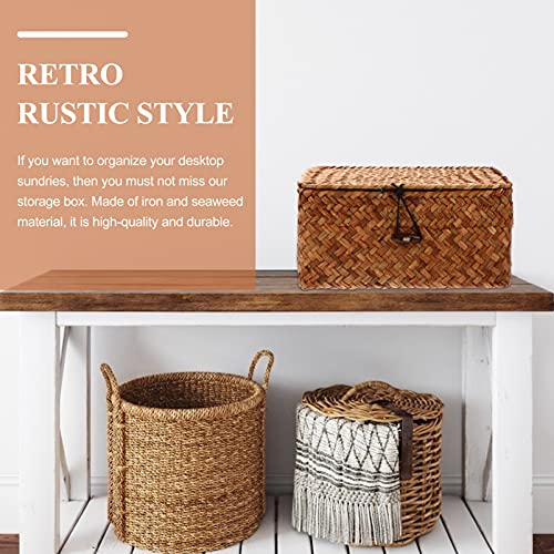 BESPORTBLE Wicker Baskets Desk Makeup Organizer Seagrass Storage Baskets with Lid Rectangular Rattan Storage Basket Wicker Box Bin Organizer for Makeup Clothes Small Outdoor Storage Box Small Basket