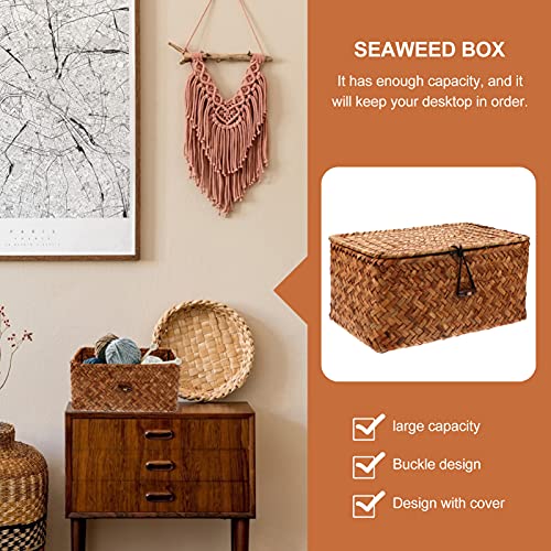 BESPORTBLE Wicker Baskets Desk Makeup Organizer Seagrass Storage Baskets with Lid Rectangular Rattan Storage Basket Wicker Box Bin Organizer for Makeup Clothes Small Outdoor Storage Box Small Basket