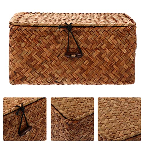 BESPORTBLE Wicker Baskets Desk Makeup Organizer Seagrass Storage Baskets with Lid Rectangular Rattan Storage Basket Wicker Box Bin Organizer for Makeup Clothes Small Outdoor Storage Box Small Basket