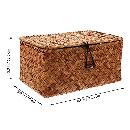 BESPORTBLE Wicker Baskets Desk Makeup Organizer Seagrass Storage Baskets with Lid Rectangular Rattan Storage Basket Wicker Box Bin Organizer for Makeup Clothes Small Outdoor Storage Box Small Basket