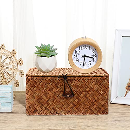 BESPORTBLE Wicker Baskets Desk Makeup Organizer Seagrass Storage Baskets with Lid Rectangular Rattan Storage Basket Wicker Box Bin Organizer for Makeup Clothes Small Outdoor Storage Box Small Basket