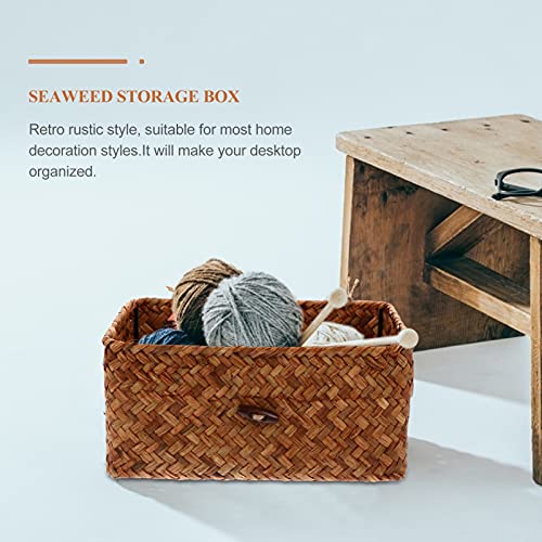 BESPORTBLE Wicker Baskets Desk Makeup Organizer Seagrass Storage Baskets with Lid Rectangular Rattan Storage Basket Wicker Box Bin Organizer for Makeup Clothes Small Outdoor Storage Box Small Basket