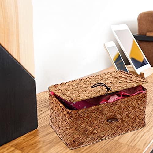 BESPORTBLE Wicker Baskets Desk Makeup Organizer Seagrass Storage Baskets with Lid Rectangular Rattan Storage Basket Wicker Box Bin Organizer for Makeup Clothes Small Outdoor Storage Box Small Basket