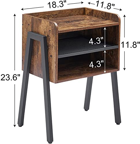 VECELO Nightstand Industrial Side End Table/Stackable Accent Furniture with 2-Tier Open Storage Compartments for Bedroom, Living Room and Small Spaces, 1 Pack, Rustic Brown