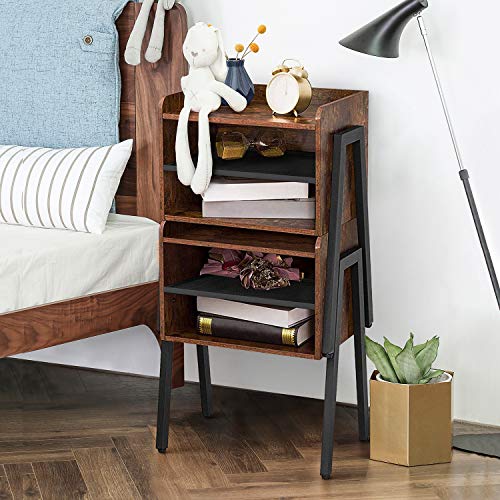 VECELO Nightstand Industrial Side End Table/Stackable Accent Furniture with 2-Tier Open Storage Compartments for Bedroom, Living Room and Small Spaces, 1 Pack, Rustic Brown