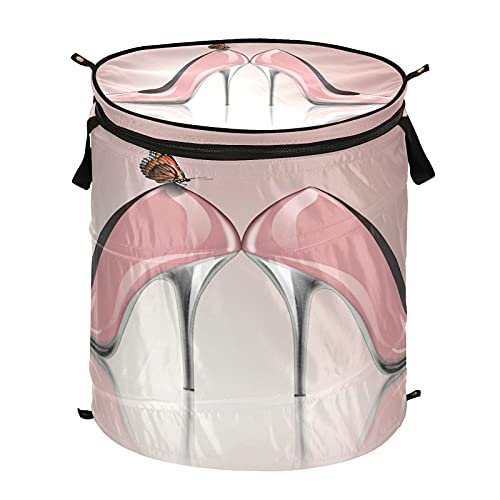 Pop Up Laundry Hamper Pink High Heel Butterfly Round Laundry Basket with Zipper Lid Clothes Hamper Collapsible Storage Bin Toy Organizer Basket