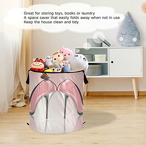 Pop Up Laundry Hamper Pink High Heel Butterfly Round Laundry Basket with Zipper Lid Clothes Hamper Collapsible Storage Bin Toy Organizer Basket