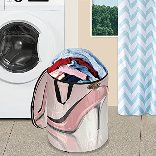 Pop Up Laundry Hamper Pink High Heel Butterfly Round Laundry Basket with Zipper Lid Clothes Hamper Collapsible Storage Bin Toy Organizer Basket