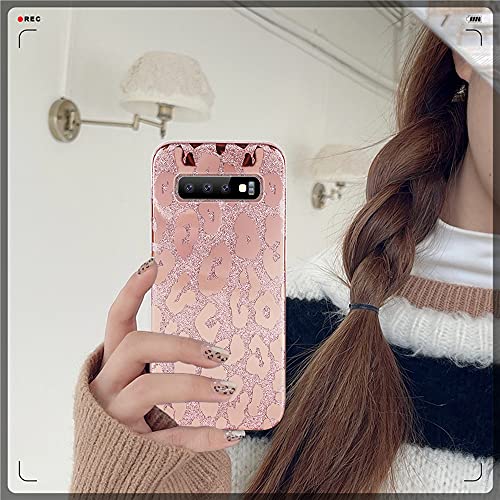 J.west Galaxy S10 Plus Case 6.4-inch, Luxury Saprkle Bling Glitter Leopard Print Design Soft Metallic Slim Protective Phone Cases for Women Girls TPU Silicone Cover Case for Samsung S10 Plus Rose Gold