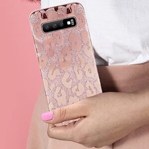 J.west Galaxy S10 Plus Case 6.4-inch, Luxury Saprkle Bling Glitter Leopard Print Design Soft Metallic Slim Protective Phone Cases for Women Girls TPU Silicone Cover Case for Samsung S10 Plus Rose Gold