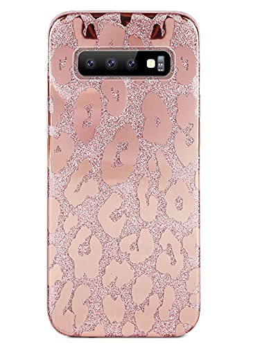 J.west Galaxy S10 Plus Case 6.4-inch, Luxury Saprkle Bling Glitter Leopard Print Design Soft Metallic Slim Protective Phone Cases for Women Girls TPU Silicone Cover Case for Samsung S10 Plus Rose Gold