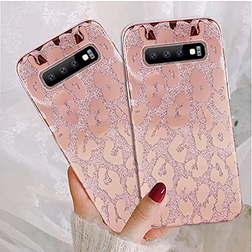 J.west Galaxy S10 Plus Case 6.4-inch, Luxury Saprkle Bling Glitter Leopard Print Design Soft Metallic Slim Protective Phone Cases for Women Girls TPU Silicone Cover Case for Samsung S10 Plus Rose Gold