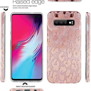 J.west Galaxy S10 Plus Case 6.4-inch, Luxury Saprkle Bling Glitter Leopard Print Design Soft Metallic Slim Protective Phone Cases for Women Girls TPU Silicone Cover Case for Samsung S10 Plus Rose Gold