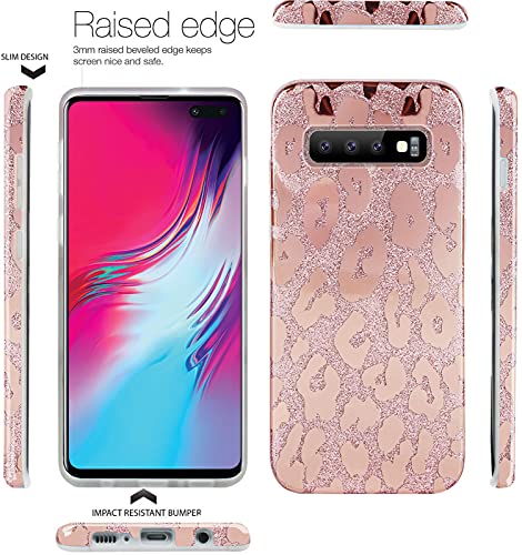 J.west Galaxy S10 Plus Case 6.4-inch, Luxury Saprkle Bling Glitter Leopard Print Design Soft Metallic Slim Protective Phone Cases for Women Girls TPU Silicone Cover Case for Samsung S10 Plus Rose Gold