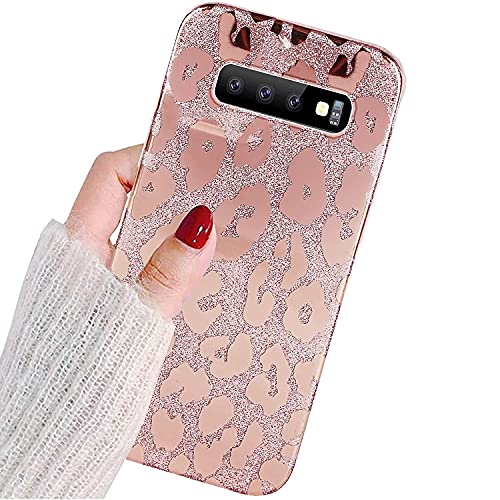 J.west Galaxy S10 Plus Case 6.4-inch, Luxury Saprkle Bling Glitter Leopard Print Design Soft Metallic Slim Protective Phone Cases for Women Girls TPU Silicone Cover Case for Samsung S10 Plus Rose Gold