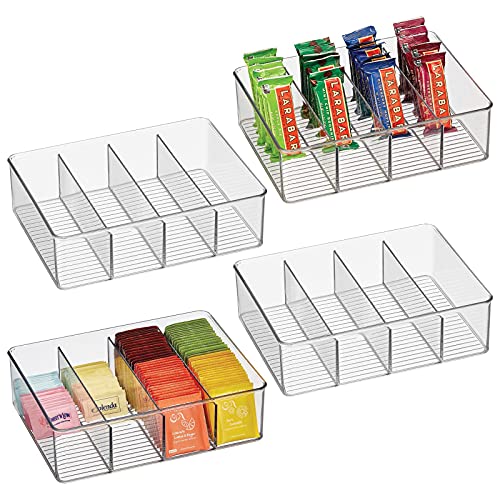 mDesign Plastic Stackable Tea Bag Storage Organizer Bin with 4 Divided Compartments - Holder for Kitchen Cabinet, Pantry, Countertop - Holds Sugar Packets, Coffee Pods, Ligne Collection, 4 Pack, Clear