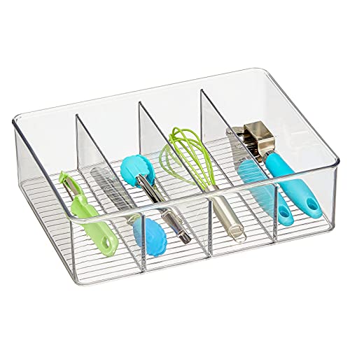 mDesign Plastic Stackable Tea Bag Storage Organizer Bin with 4 Divided Compartments - Holder for Kitchen Cabinet, Pantry, Countertop - Holds Sugar Packets, Coffee Pods, Ligne Collection, 4 Pack, Clear