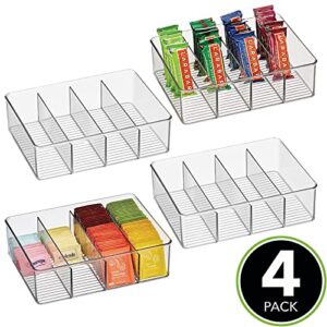 mDesign Plastic Stackable Tea Bag Storage Organizer Bin with 4 Divided Compartments - Holder for Kitchen Cabinet, Pantry, Countertop - Holds Sugar Packets, Coffee Pods, Ligne Collection, 4 Pack, Clear