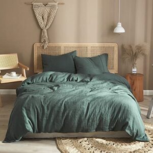 ivellow green linen duvet cover queen 100% pure washed french flax linen duvet cover set soft breathable moisture wicking cooling linen bedding set 3pcs (1 linen queen duvet cover 2 pillow shams)