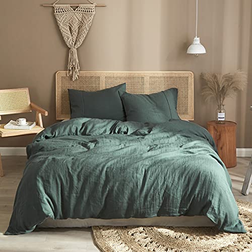 Ivellow Green Linen Duvet Cover Queen 100% Pure Washed French Flax Linen Duvet Cover Set Soft Breathable Moisture Wicking Cooling Linen Bedding Set 3Pcs (1 Linen Queen Duvet Cover 2 Pillow Shams)