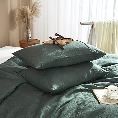 Ivellow Green Linen Duvet Cover Queen 100% Pure Washed French Flax Linen Duvet Cover Set Soft Breathable Moisture Wicking Cooling Linen Bedding Set 3Pcs (1 Linen Queen Duvet Cover 2 Pillow Shams)