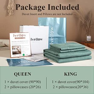 Ivellow Green Linen Duvet Cover Queen 100% Pure Washed French Flax Linen Duvet Cover Set Soft Breathable Moisture Wicking Cooling Linen Bedding Set 3Pcs (1 Linen Queen Duvet Cover 2 Pillow Shams)