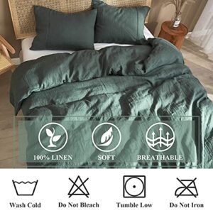 Ivellow Green Linen Duvet Cover Queen 100% Pure Washed French Flax Linen Duvet Cover Set Soft Breathable Moisture Wicking Cooling Linen Bedding Set 3Pcs (1 Linen Queen Duvet Cover 2 Pillow Shams)