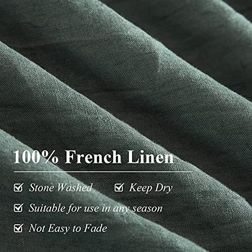 Ivellow Green Linen Duvet Cover Queen 100% Pure Washed French Flax Linen Duvet Cover Set Soft Breathable Moisture Wicking Cooling Linen Bedding Set 3Pcs (1 Linen Queen Duvet Cover 2 Pillow Shams)